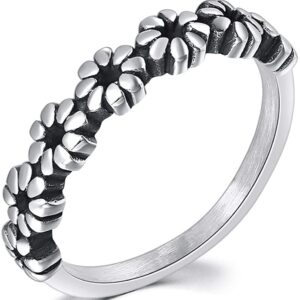 Jude Jewelers Retro Vintage Stainless Steel Stackable Flower Style Wedding Band Ring (Silver, 13)