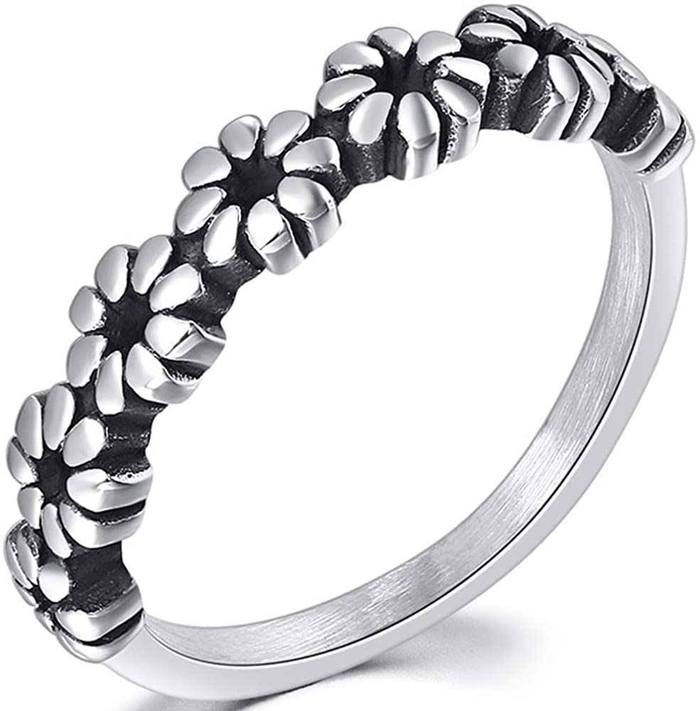 Jude Jewelers Retro Vintage Stainless Steel Stackable Flower Style Wedding Band Ring (Silver, 13)