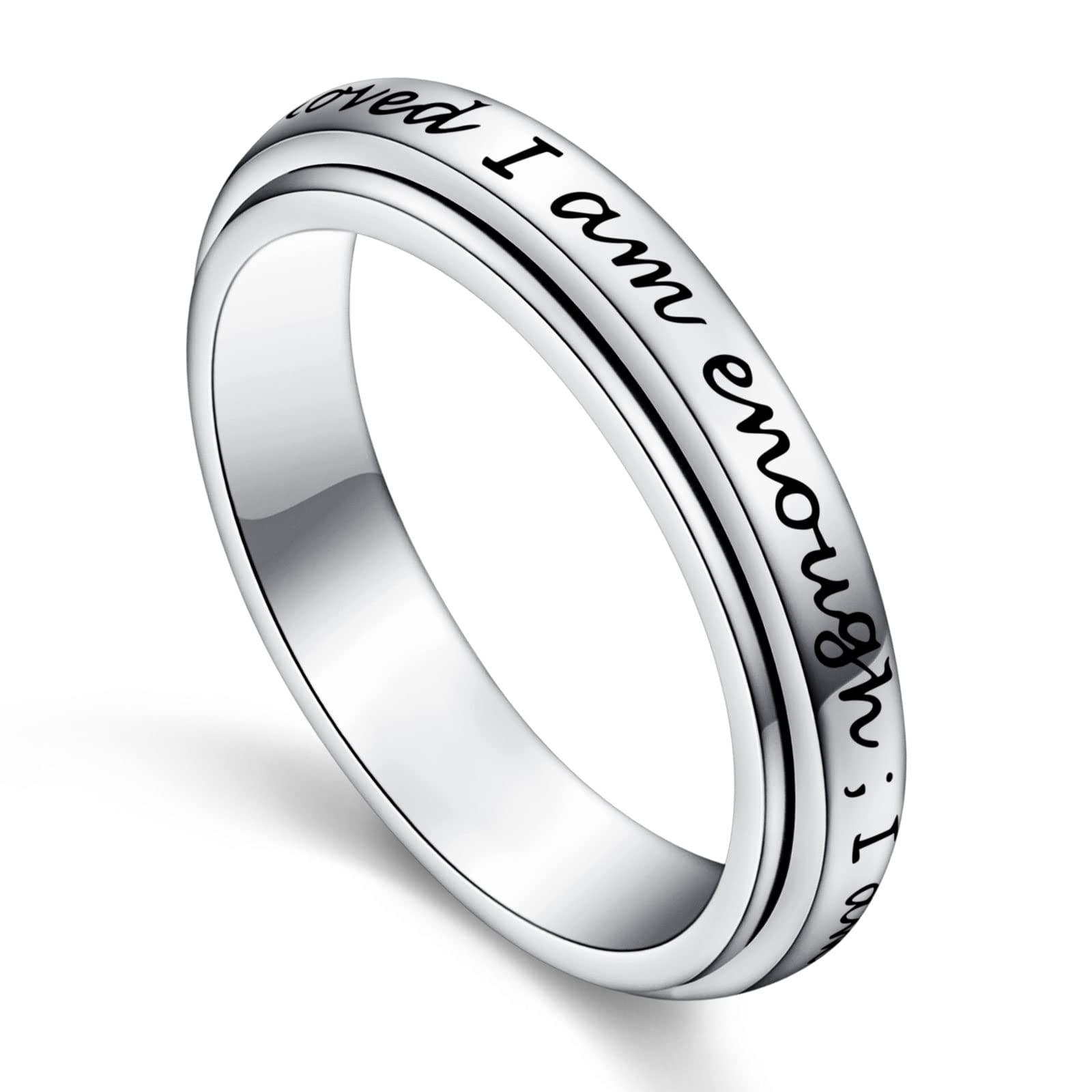 JZMSJF Men Women Spinner Ring 925 Sterling Silver Fidget Rings for Anxiety Stress Relieving ADHD Autism Rings I Am Enough Inspirational Band Ring Size 7