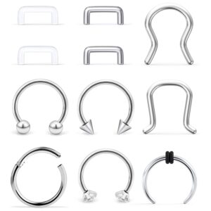 ftovosyo 11pcs 14g septum jewelry surgical steel nose septum rings piercing jewelry retainer horseshoe vertical labret lip hoop ring for women men 10mm 3/8 inch silver-tone