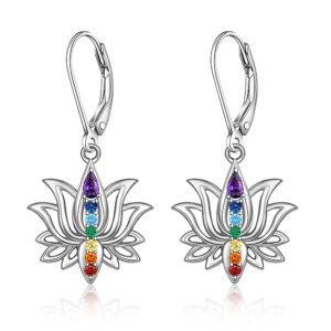 chakra earrings lotus flower 7 chakra stones leverback earrings for women dangle yoga lotus jewelry balance meditation