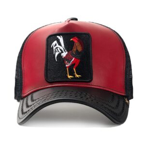 gold star hat - cock rooster black/burgundy leather fighting trucker hat