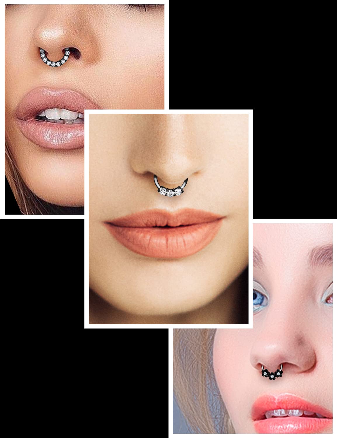 Ocptiy 16G Septum Ring Piercing Jewelry 316L Stainless Surgical Steel Horseshoes Hinged Septum Seamless Hypoallergenic Cute Septum Clicker Nose Ring Earring Hoop Piercing Jewelry Men Women Black 10mm