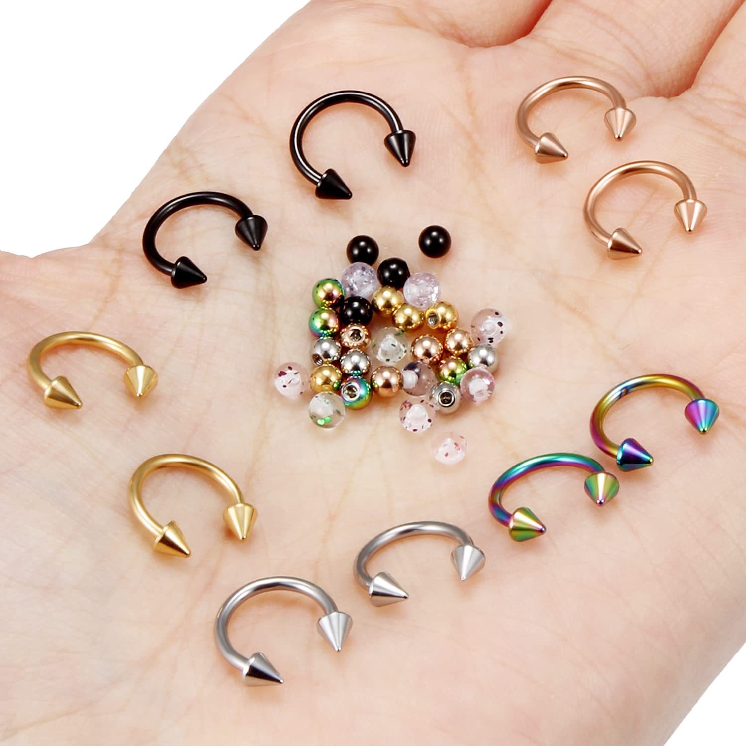 Ftovosyo 10Pcs Horseshoe Rings + 30Pcs Replacement Balls 16G Surgical Steel Nose Septum Horseshoe Hoop Eyebrow Lip Piercing Jewelry Helix Daith Earrings Externally Threaded Barbell Parts 8mm