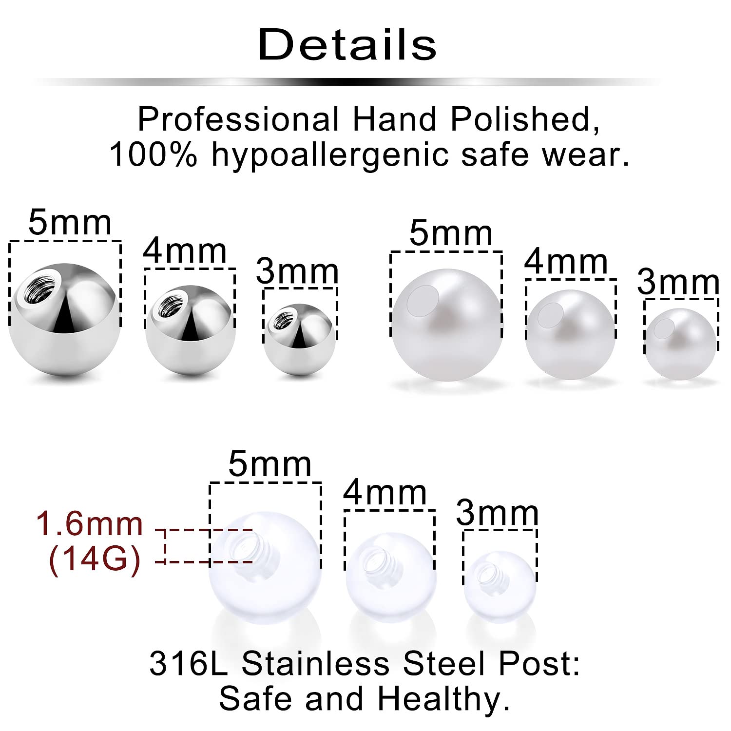 Ftovosyo 36Pcs 14G 3-5mm Multiple Different Sizes Replacement Balls Jewelry Piercing Stainless Steel Barbell Parts for Industrial Barbell/Nipple Rings/Tongue Rings