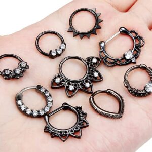 Ocptiy 16G Septum Ring Piercing Jewelry 316L Stainless Surgical Steel Horseshoes Hinged Septum Seamless Hypoallergenic Cute Septum Clicker Nose Ring Earring Hoop Piercing Jewelry Men Women Black 10mm