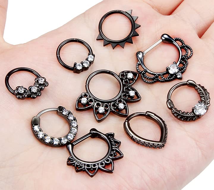 Ocptiy 16G Septum Ring Piercing Jewelry 316L Stainless Surgical Steel Horseshoes Hinged Septum Seamless Hypoallergenic Cute Septum Clicker Nose Ring Earring Hoop Piercing Jewelry Men Women Black 10mm