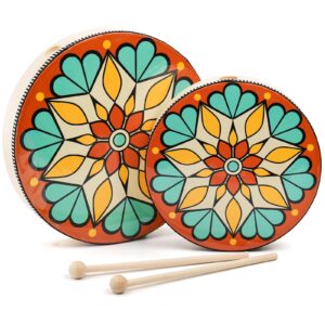 foraineam 10 inch & 8 inch hand drum, musical percussion instrument colorful wood frame drum with drum stick