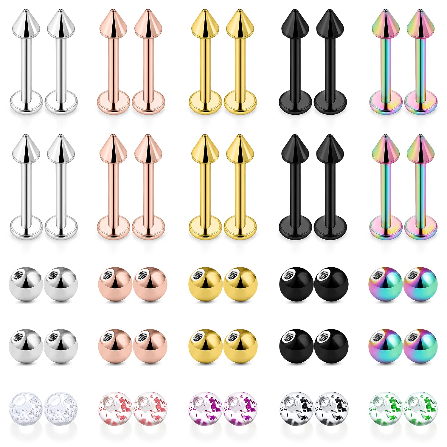 Ftovosyo 20Pcs Lip Rings + 30Pcs Replacement Balls 16G Surgical Steel Labret Studs Medusa Piercing Jewelry for Women Men Externally Threaded Barbell Parts 10mm