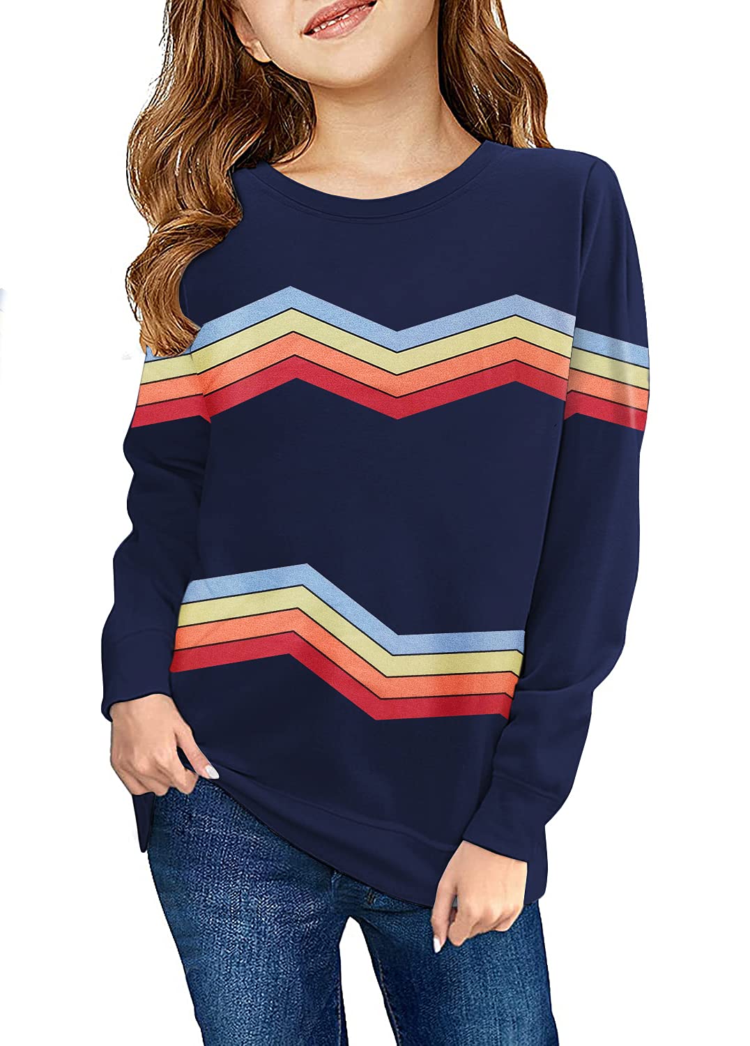 Haloumoning Girls Striped Color Block Sweatshirts Kids Tie Dye Crewneck Long Sleeve Pullover Tops 4-15 Years