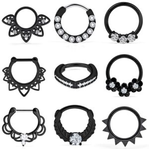 ocptiy 16g septum ring piercing jewelry 316l stainless surgical steel horseshoes hinged septum seamless hypoallergenic cute septum clicker nose ring earring hoop piercing jewelry men women black 10mm