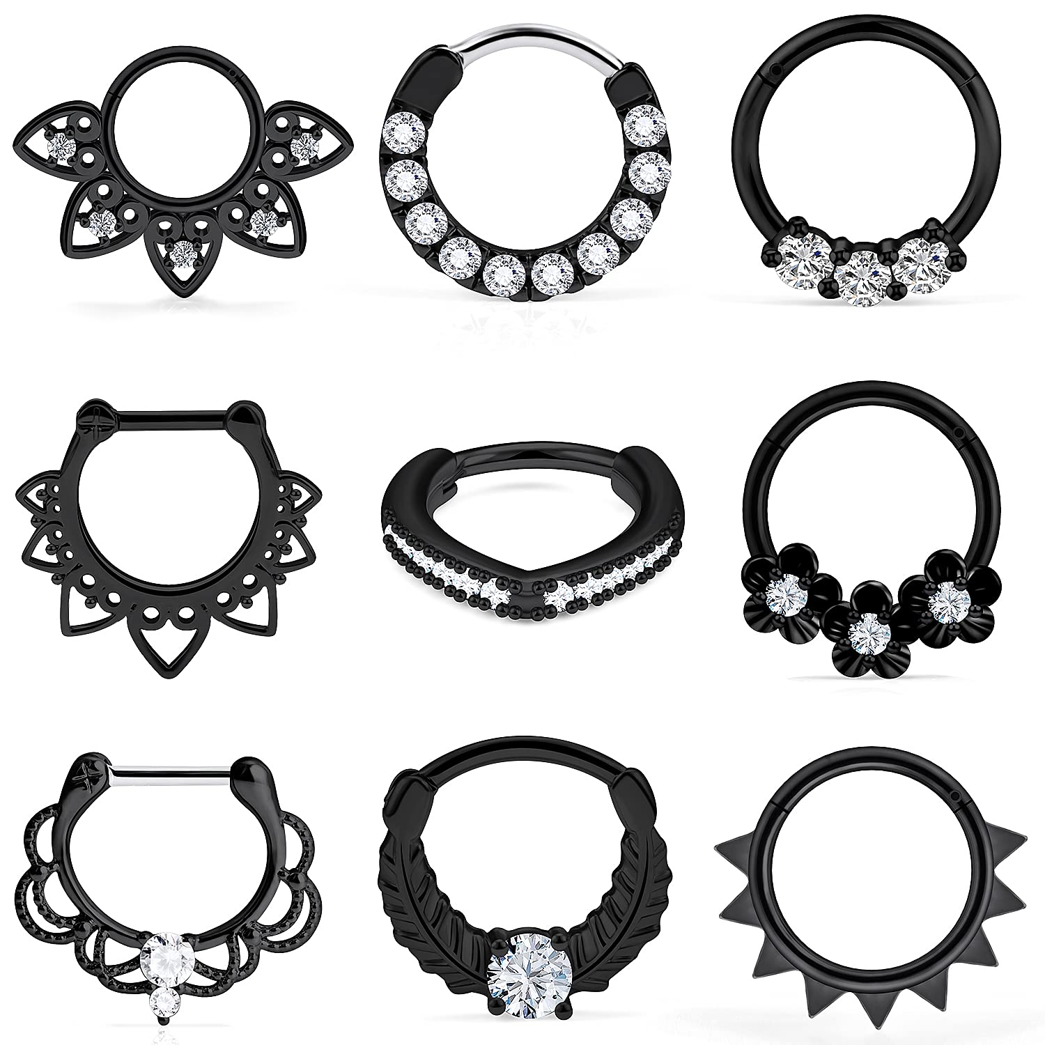 Ocptiy 16G Septum Ring Piercing Jewelry 316L Stainless Surgical Steel Horseshoes Hinged Septum Seamless Hypoallergenic Cute Septum Clicker Nose Ring Earring Hoop Piercing Jewelry Men Women Black 10mm