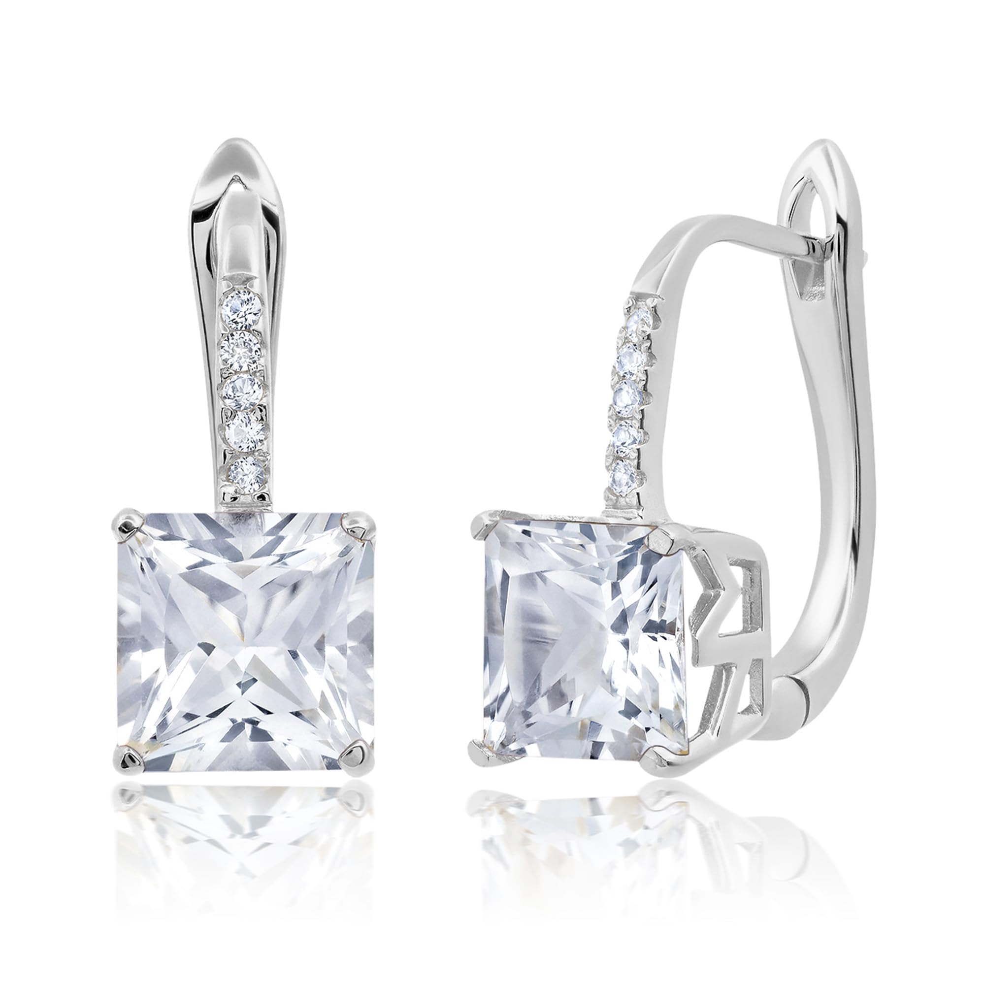 Square White Topaz Lever Back Earrings for Women in 925 Sterling Silver with Princess Cut November Birthstone Created White Sapphire Accents by Nicole Miller Fine Jewelry