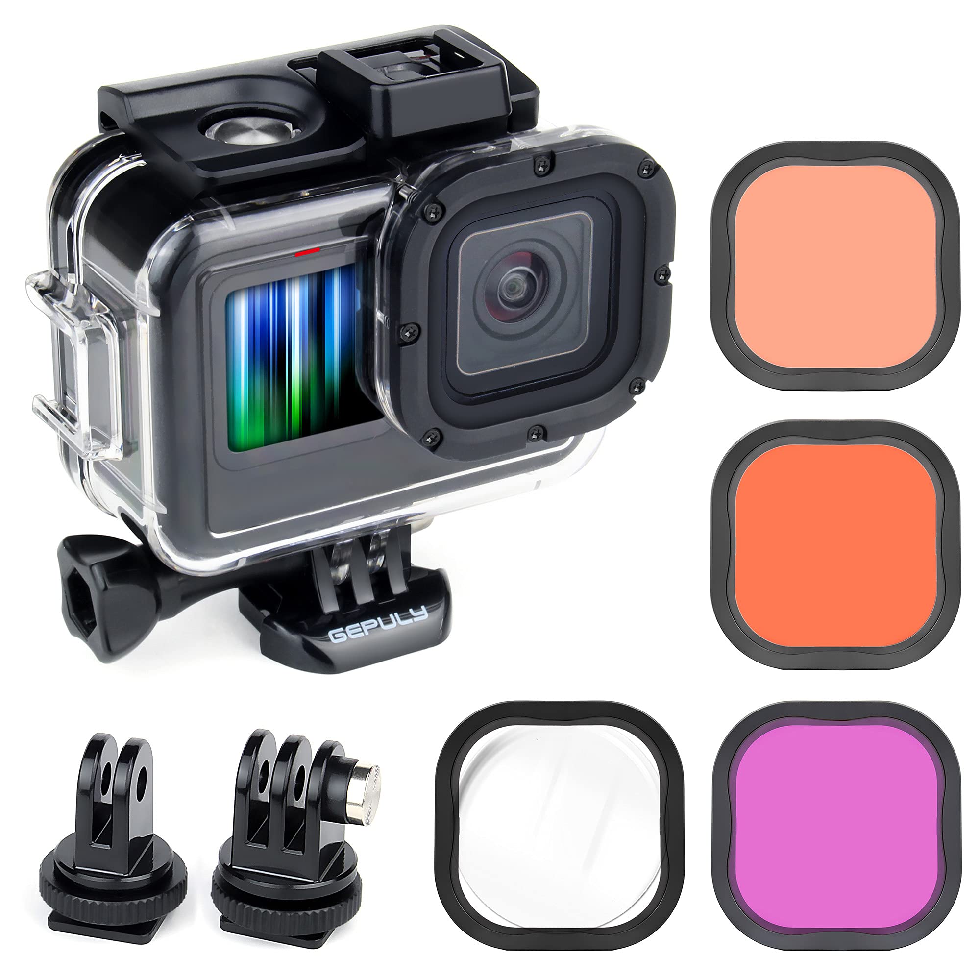 GEPULY Waterproof Case with Dive Filters for GoPro Hero 13 12 11 10 9 Black, 60M Underwater Protective Dive Housing Case with Red, Snorkel, Magenta, 5X Close-up Macro Filters