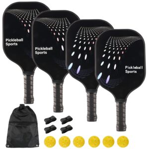 graphite pickleball paddles set of 4 pickleball racquet 6 pickleball balls 1 bag 4 replacement soft grip, polypropylene honeycomb core lightweight indoor/outdoor pickle ball equipment for men women