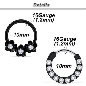 Ocptiy 16G Septum Ring Piercing Jewelry 316L Stainless Surgical Steel Horseshoes Hinged Septum Seamless Hypoallergenic Cute Septum Clicker Nose Ring Earring Hoop Piercing Jewelry Men Women Black 10mm