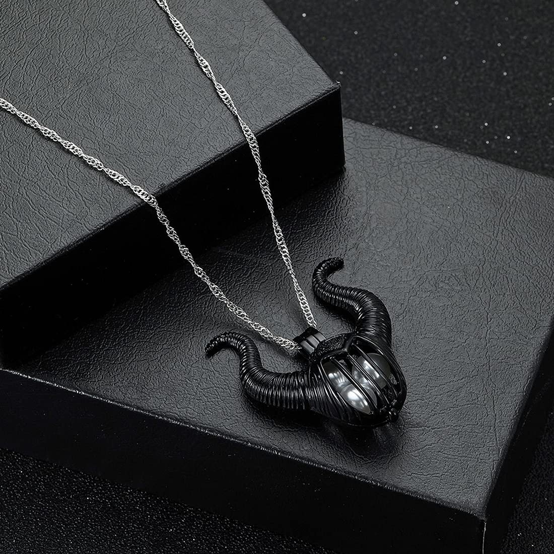 SUU Villain Jewelry Maleficent Necklace Women Girls Locket Necklace Maleficent Horn Pearl Cage Pendant Black Necklace Villain Gift