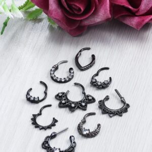 Ocptiy 16G Septum Ring Piercing Jewelry 316L Stainless Surgical Steel Horseshoes Hinged Septum Seamless Hypoallergenic Cute Septum Clicker Nose Ring Earring Hoop Piercing Jewelry Men Women Black 10mm