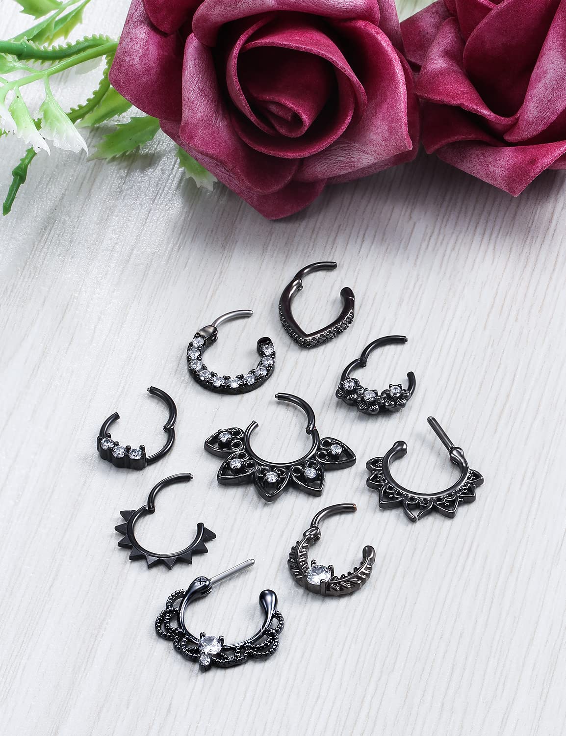 Ocptiy 16G Septum Ring Piercing Jewelry 316L Stainless Surgical Steel Horseshoes Hinged Septum Seamless Hypoallergenic Cute Septum Clicker Nose Ring Earring Hoop Piercing Jewelry Men Women Black 10mm