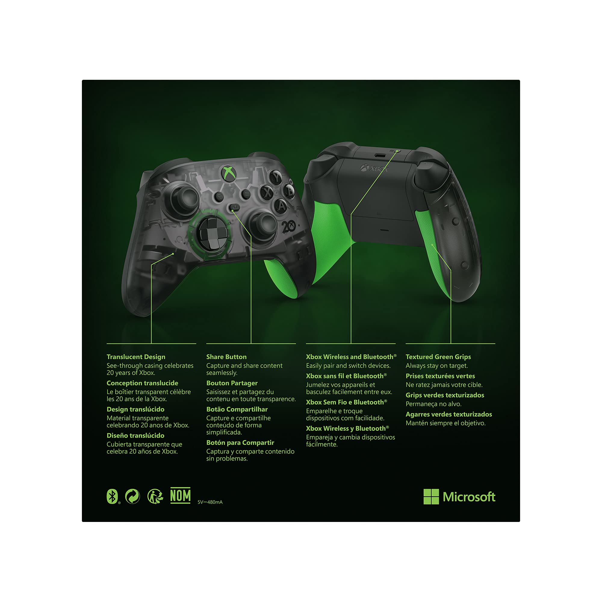 Xbox Wireless Controller 20th Anniversary Special Edition - For Xbox Series X/S, Xbox One, & Windows 10 - Bluetooth Connectivity - See-through Casing Special Edition - Hybrid D-Pad & Share But