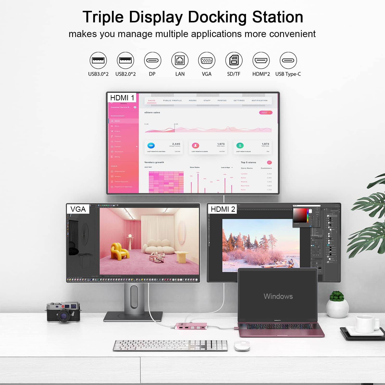 Docking Station, MCY 12 in 1 Triple Display Laptop USB C Docking Station Dual Monitor USB Type C Hub with Dual HDMI VGA Adapter, Compatible with MacBook Pro, XPS 13, USB C Dock Rose Gold