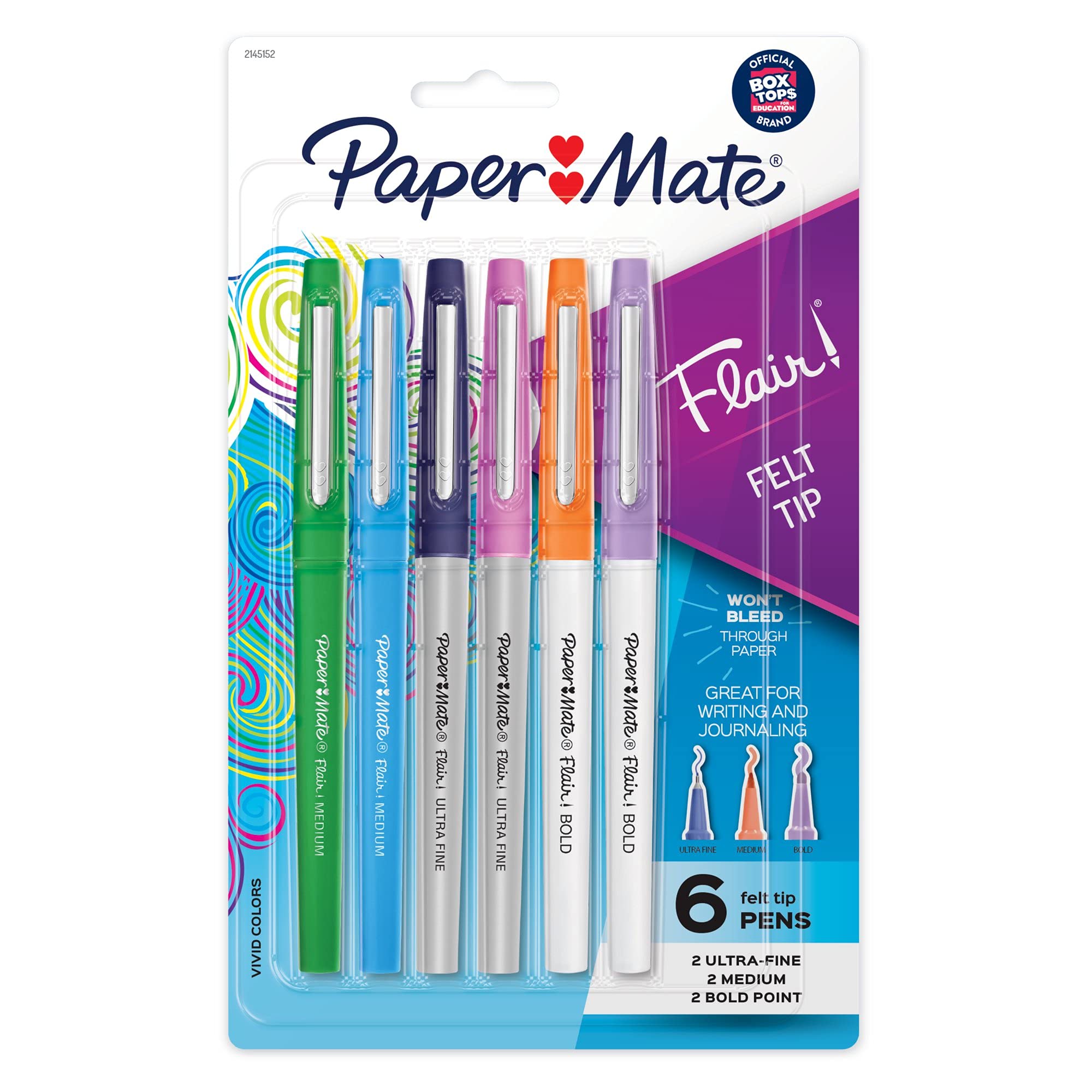 Paper Mate Flair Felt Tip Pens, Assorted Tips and Colors, 6 Count