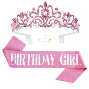 casoty birthday girl sash & rhinestone tiara set, birthday crowns for women, happy birthday queen tiara for women, birthday sash and tiara for women, glitter birthday sash birthday party favors