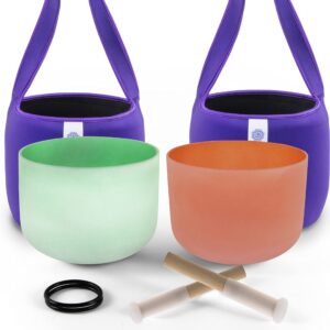 fmty 10inch crystal singing bowls set orange(sacral) + green (heart) with soft carrying bag sound bowls mindfulness, meditation, yoga, spiritual and body healing and energy cleansing chakra bowl