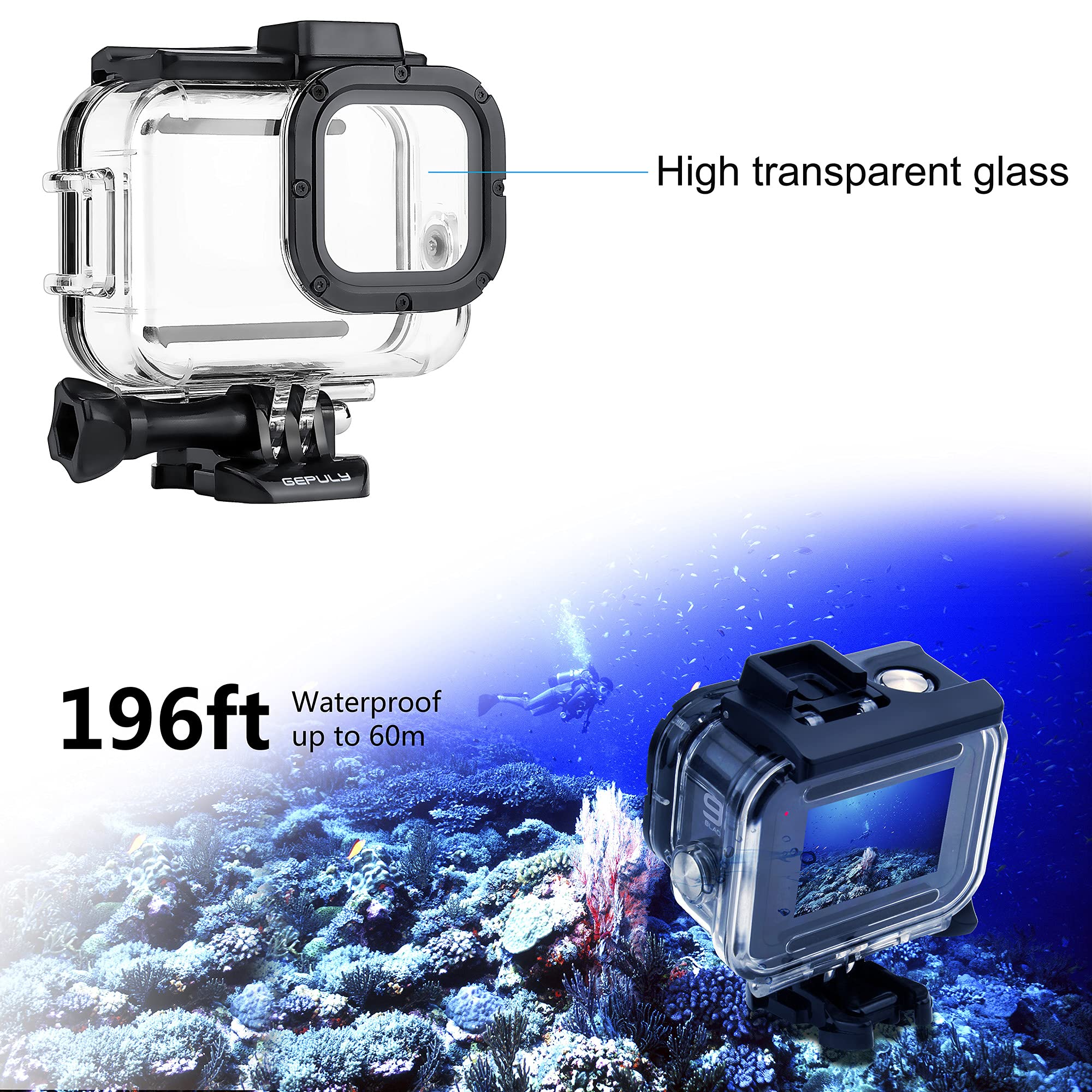 GEPULY Waterproof Case with Dive Filters for GoPro Hero 13 12 11 10 9 Black, 60M Underwater Protective Dive Housing Case with Red, Snorkel, Magenta, 5X Close-up Macro Filters