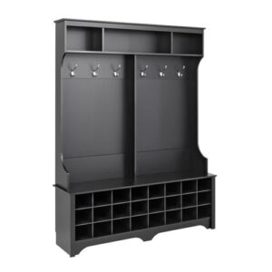 prepac black hall tree, shoe cabinet, storage cabinet with 24 shoe cubbies and 6 double coat hooks 15.5" d x 60" w x 77" h, bsog-0013-1