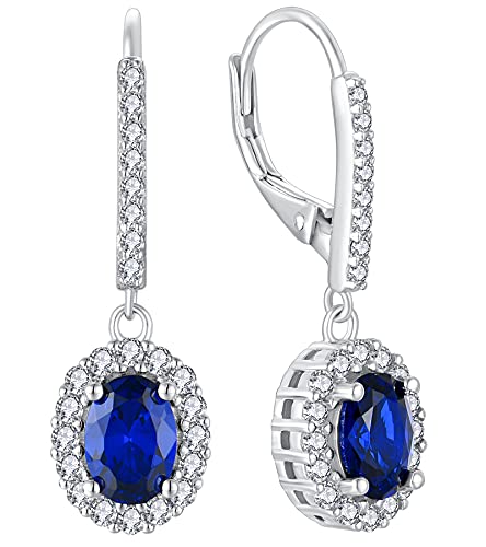 YL Women's Dangle Drop Earrings Sterling Silver Halo Solitaire Oval Leverback Earrings Created Sapphire Jewelry Gifts