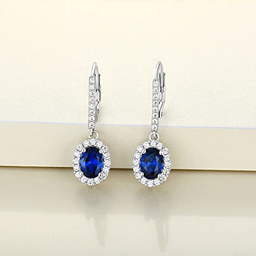 YL Women's Dangle Drop Earrings Sterling Silver Halo Solitaire Oval Leverback Earrings Created Sapphire Jewelry Gifts