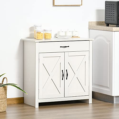 HOMCOM Farmhouse Sideboard Buffet Cabinet, Barn Door Coffee Bar Cabinet with Drawer and Adjustable Shelf, Kitchen Cabinet for Living Room, Entryway, White Wash