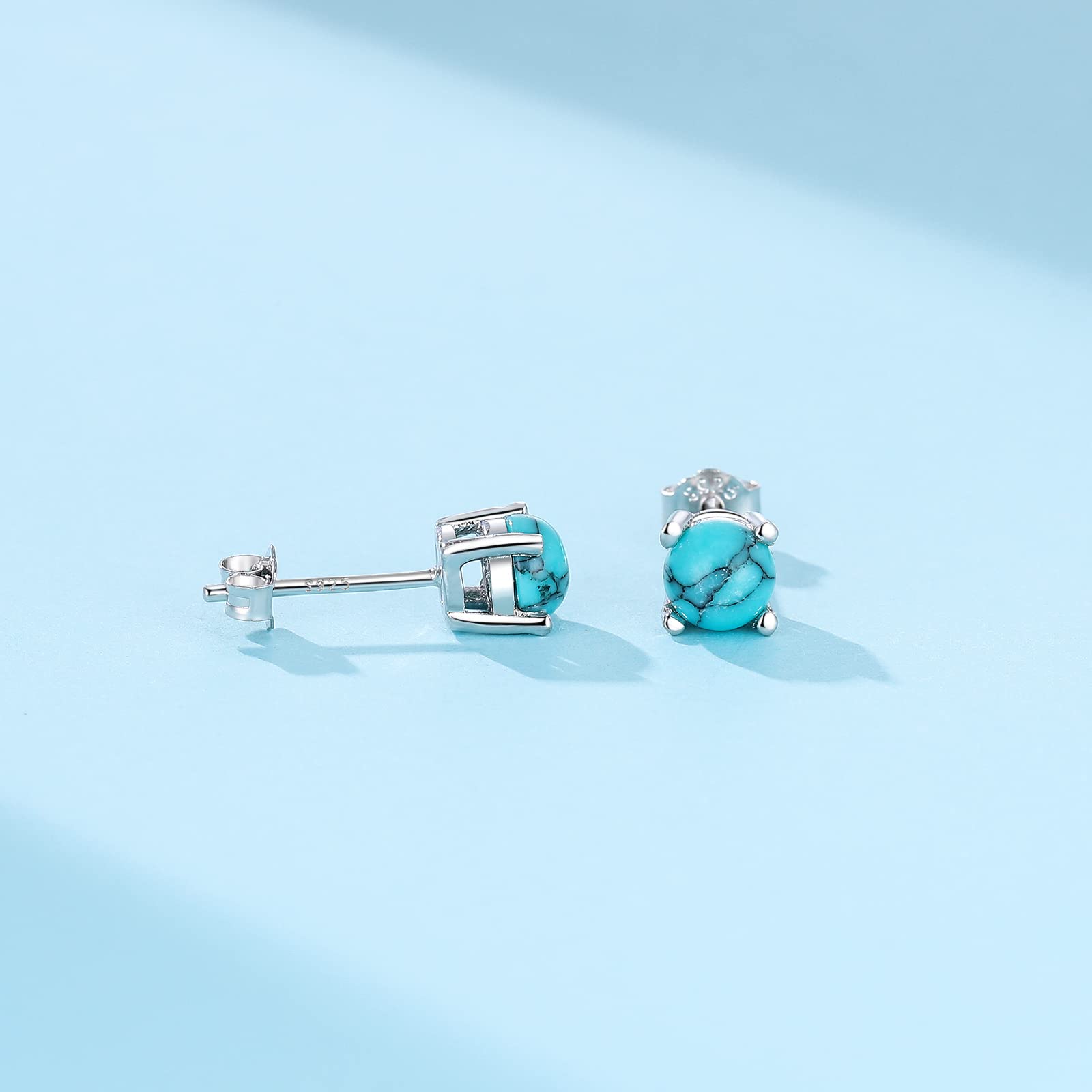 White Gold Plated Sterling Slver Turquoise Stud Earrings 3mm-8mm Options, Simulated Gemstone 4-Prong Studs Hypoallergenic Jewelry (6mm)