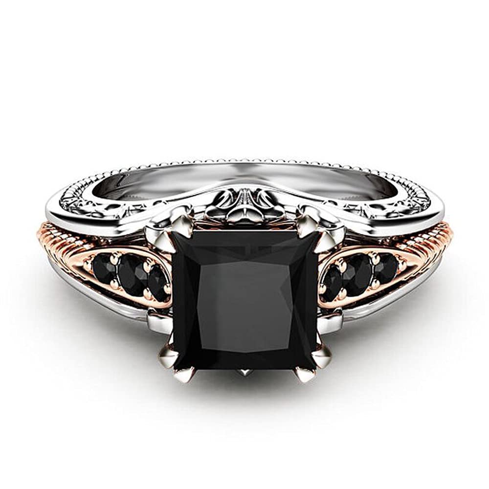 Koguxuix 925 Sterling Silver Black Gem Ring Square Cut Black Onyx Marcasite Cubic Zirconia Anniversary Promise Ring CZ Crystal Black Diamond Eternity Engagement Wedding Band Ring Size 6-10 (7)