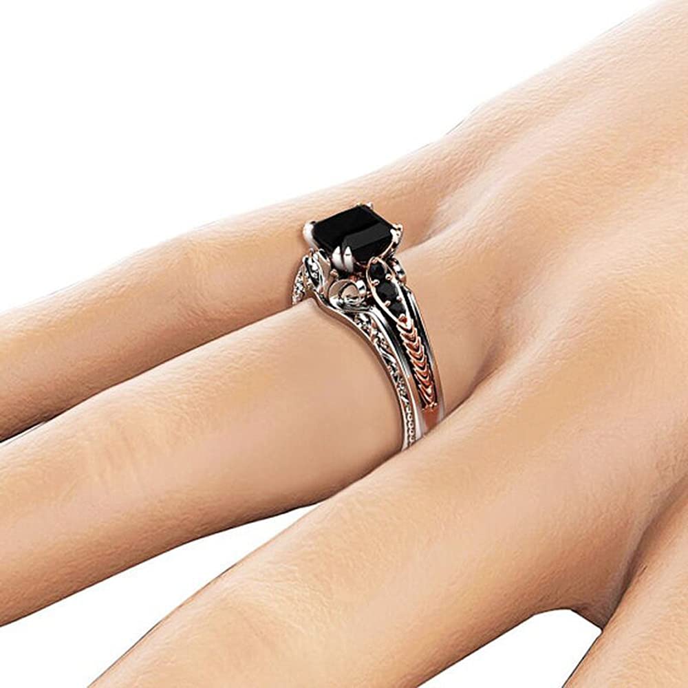 Koguxuix 925 Sterling Silver Black Gem Ring Square Cut Black Onyx Marcasite Cubic Zirconia Anniversary Promise Ring CZ Crystal Black Diamond Eternity Engagement Wedding Band Ring Size 6-10 (7)