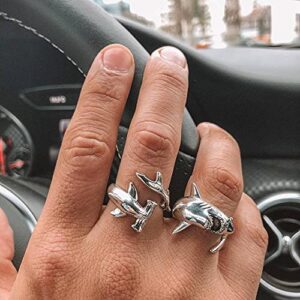 COLORFUL BLING 2 pcs White Shark and Hammerhead Shark Rings Adjustable Ocean Animal Personality Jewelry for Women Men