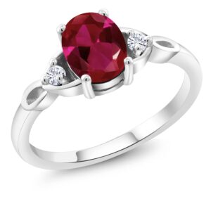 gem stone king 925 sterling silver red created ruby and white moissanite 3-stone rings for women (1.43 cttw, gemstone july birthstone, oval 8x6mm, available in size 5, 6, 7, 8, 9)