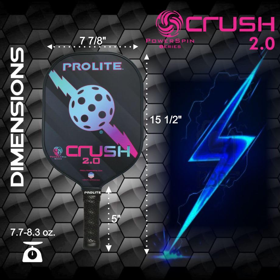 PROLITE Crush PowerSpin 2.0 Pickleball Paddle - Reactive Fiberglass with UV Protection Graphics and a 14 mm PolyCore - Made in The USA Since 1984 - Color Design: HIGH Tide