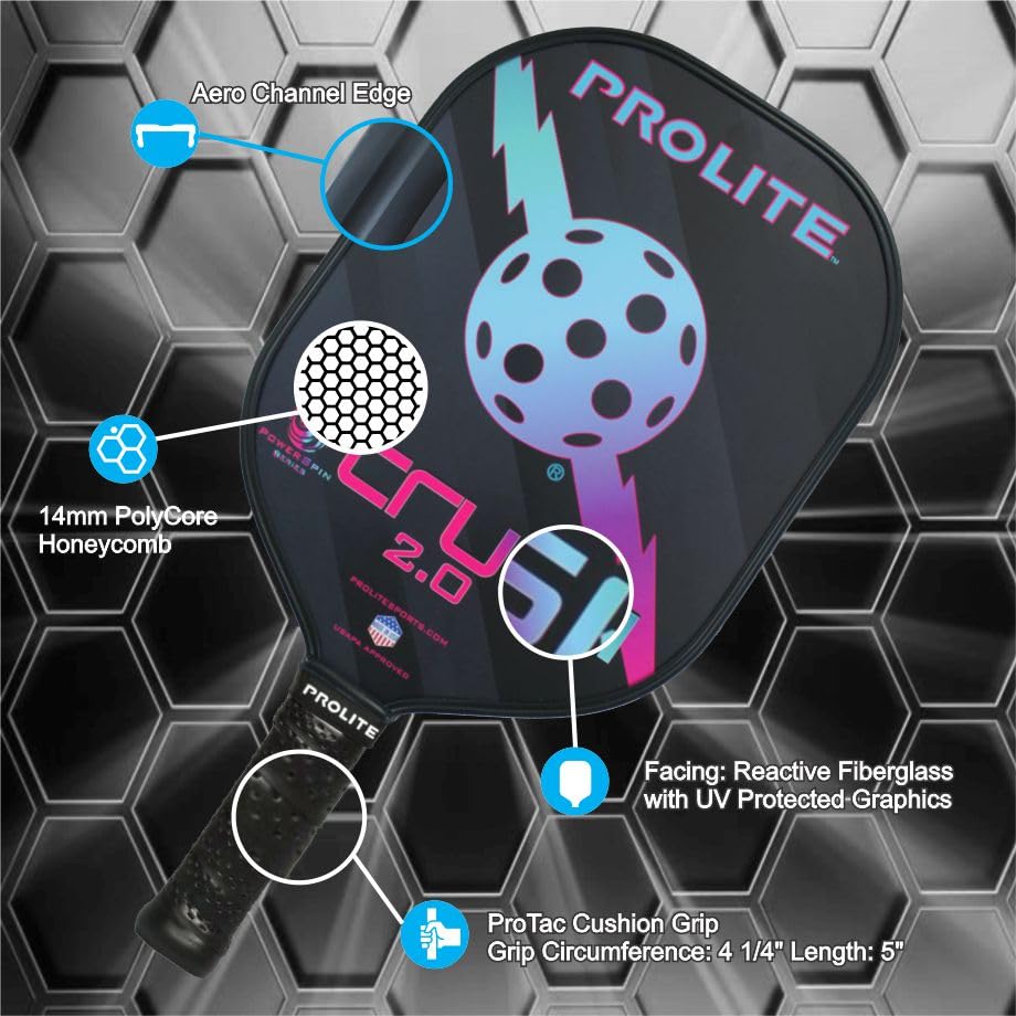 PROLITE Crush PowerSpin 2.0 Pickleball Paddle - Reactive Fiberglass with UV Protection Graphics and a 14 mm PolyCore - Made in The USA Since 1984 - Color Design: HIGH Tide