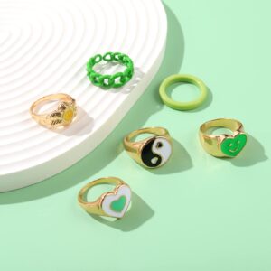 Y2K Resin Rings Colorful for Women Teen Girls,Chunky Rings Ying Yang Trendy Smiley Face Flower Heart Enamel Rings,Aesthetic Statement Stackable Ring Set Rings Jewelry (GREEN)