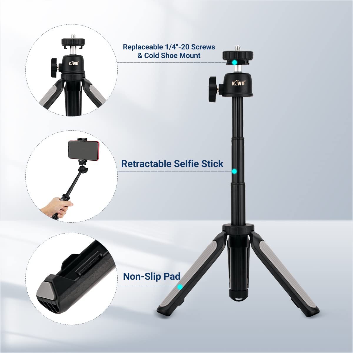 Extendable Mini Tripod for Phone Camera with Phone Clip Tabletop Tripod Mount for GoPro iPhone Webcam DSLR Camera Phone Camcorder for Video Recording, Vlogging