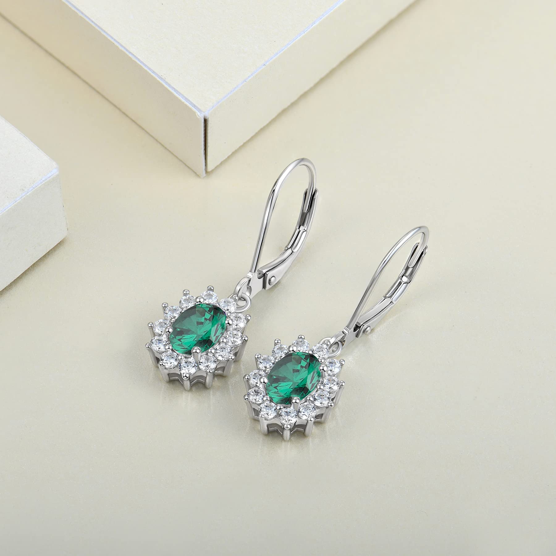 YL Women's Dangle Drop Earrings Sterling Silver Halo Princess Diana Leverback Earrings Created Emerald Jewelry