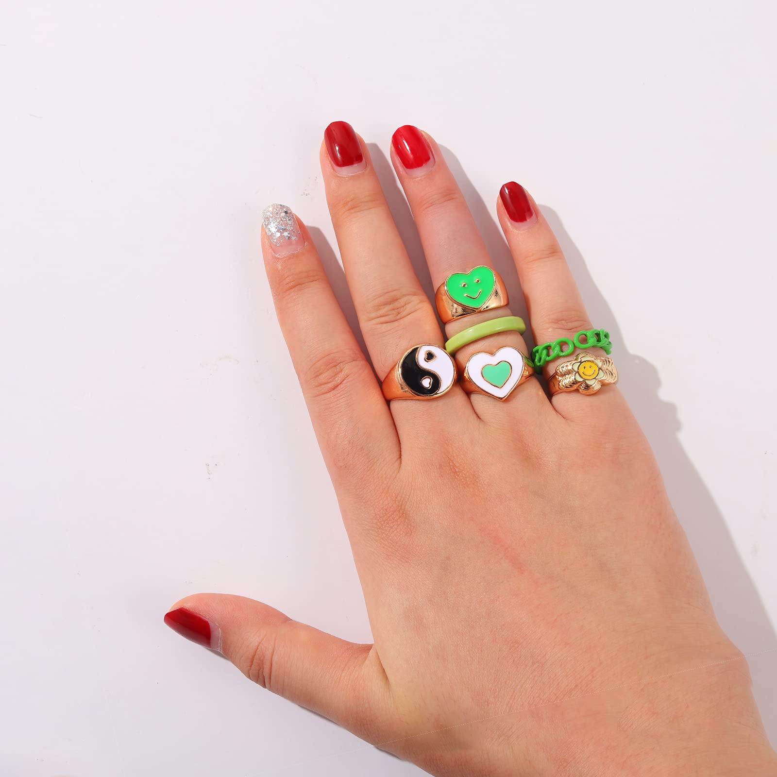 Y2K Resin Rings Colorful for Women Teen Girls,Chunky Rings Ying Yang Trendy Smiley Face Flower Heart Enamel Rings,Aesthetic Statement Stackable Ring Set Rings Jewelry (GREEN)