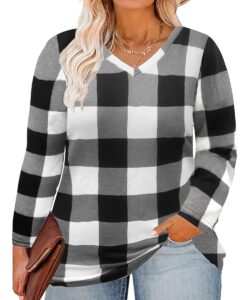 carcos womens plus size tops checkered long sleeve shirts v neck pullover tunics casual black white sweatshirts 5xl 26w 28w