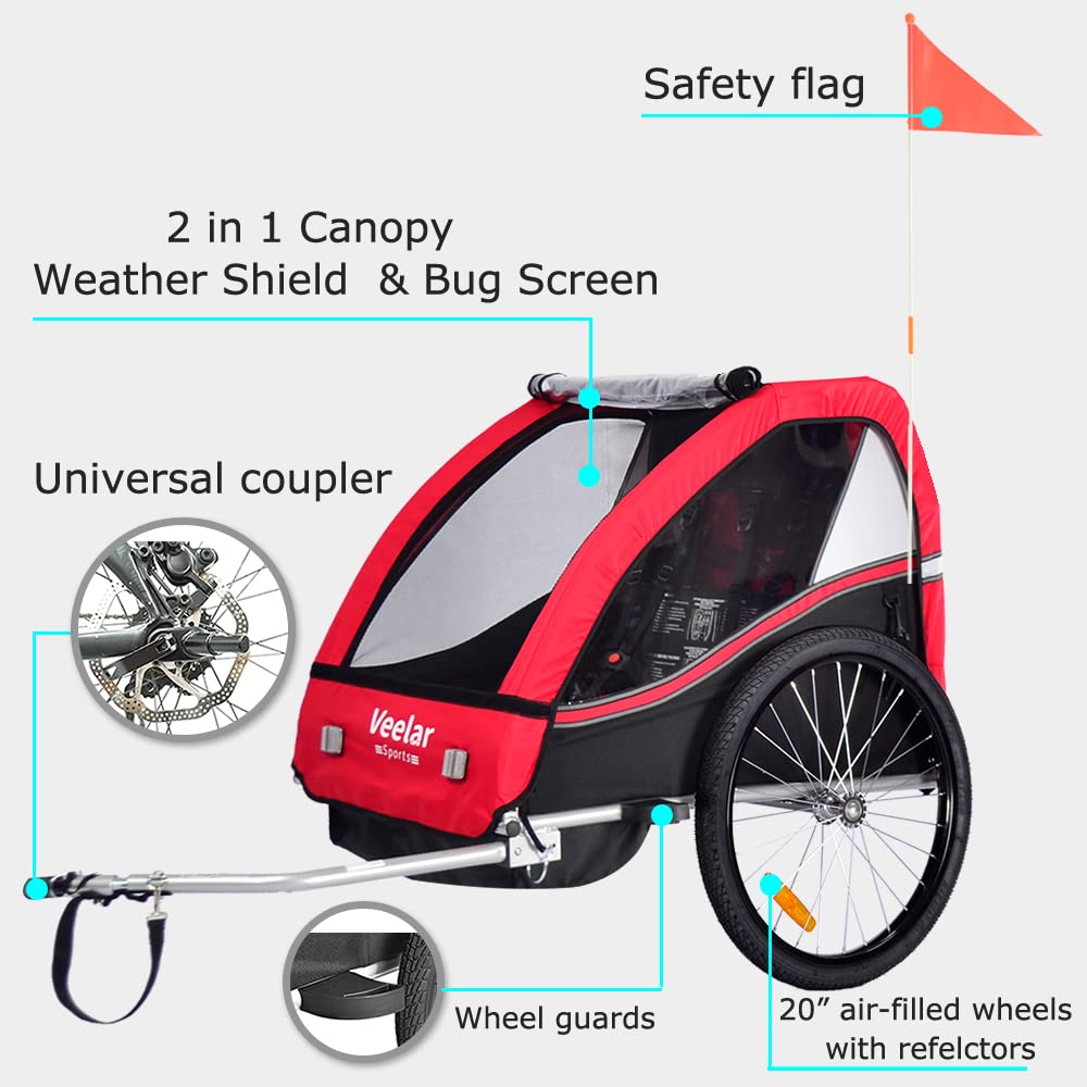 Veelar Sports Bike Trailer Double Seat for 1 or 2 toddlers, Kids, Child Bicycle Carrier (Red)