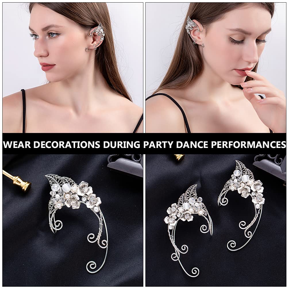 Generic Elf Ear Cuffs Handmade Clip on Earrings Pearl Crystal Wing Tassel Filigree Elven Earrings Wedding Holiday Jewelry Gift, 8x3.5cm, M9111009SU