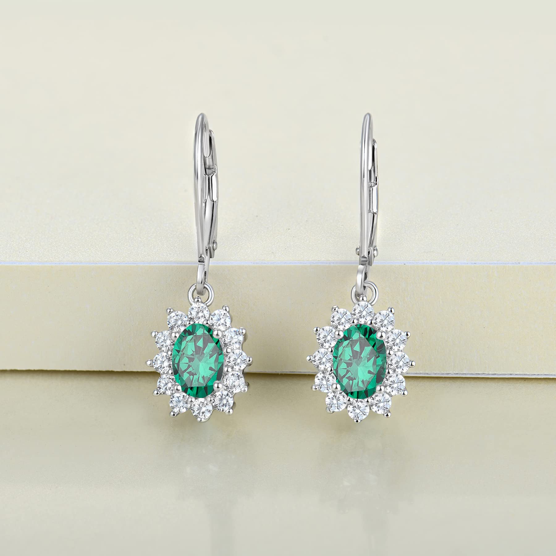 YL Women's Dangle Drop Earrings Sterling Silver Halo Princess Diana Leverback Earrings Created Emerald Jewelry