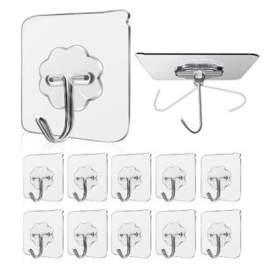 wovu wall hooks 33 lbs(max) transparent seamless hooks for hanging,waterproof oilproof bathroom kitchen heavy duty adhesive hooks,coat hooks, utility towel bath ceiling hooks (10pack)