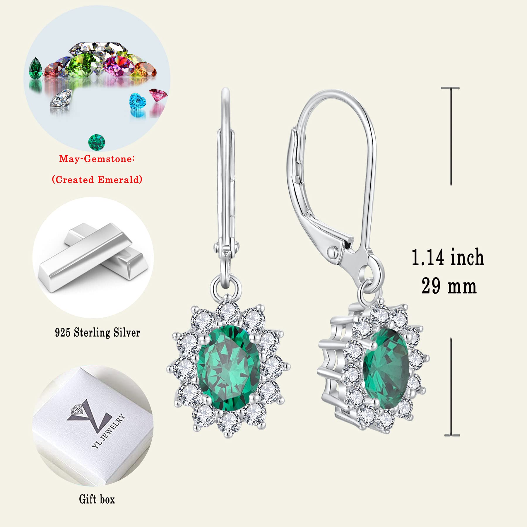 YL Women's Dangle Drop Earrings Sterling Silver Halo Princess Diana Leverback Earrings Created Emerald Jewelry